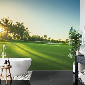 Stunning Golf Course Wallpaper Mural. Sunset Over Green With Palm Trees ...
