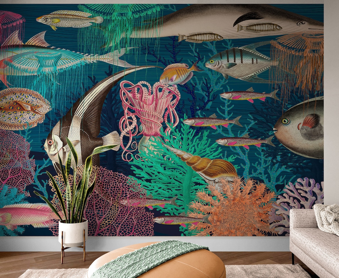 Vintage Retro Underwater Marine Sea Life Wall Mural Beach / Nautical ...