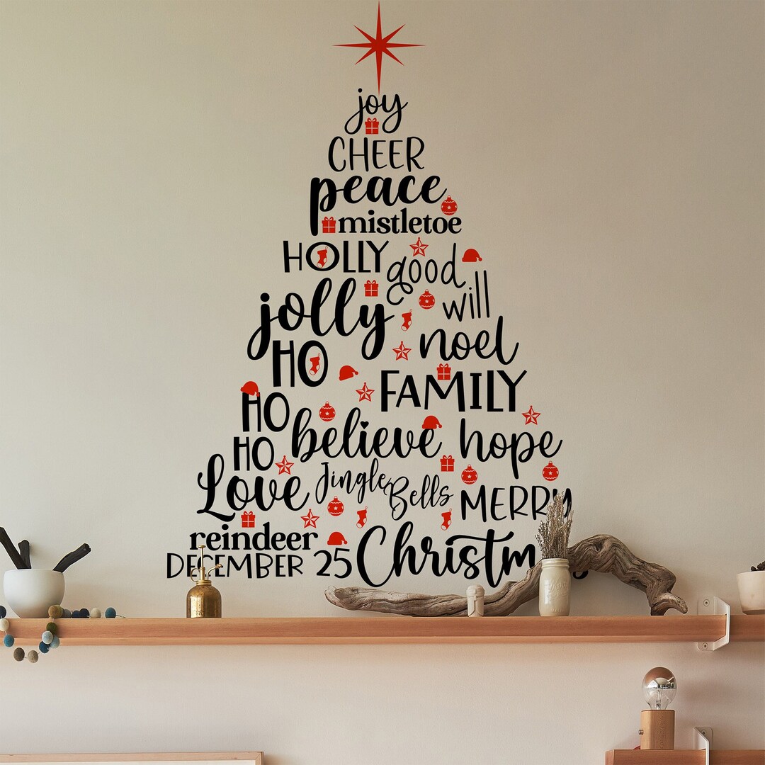 Christmas Tree Wall Decal Sticker. Joy, Cheer, Peace, Mistletoe, Family ...