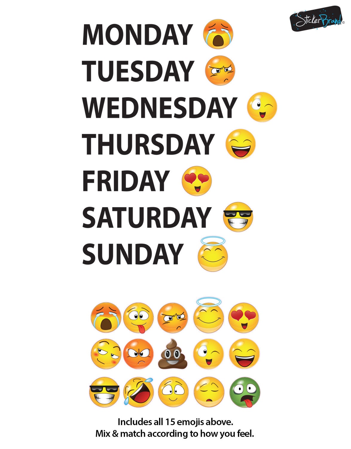 Days of the Week Happy Emoticon Faces Vinyl Wall Decal Sticker | Etsy