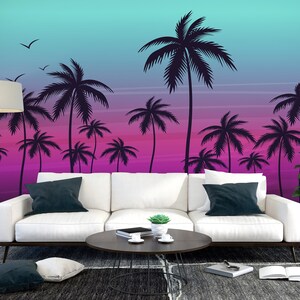 Miami Tropical Palm Tree Illustration Vice Color Sunset Wall - Etsy