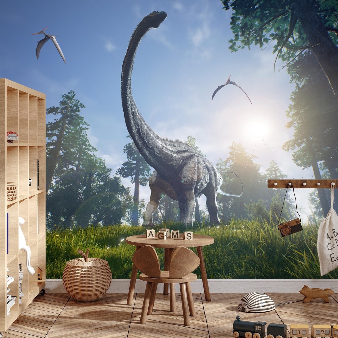 Dinosaur Wallpaper Mural - Brontosaurus in Forest for Kids Room, Dino ...