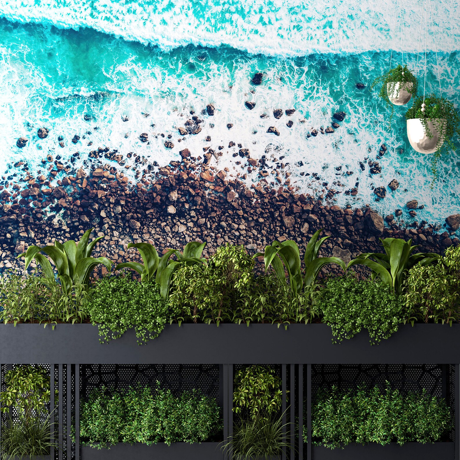 Tropical Beach Wallpaper. Coastal Rocky Beach Wall Mural. Bright Aqua ...