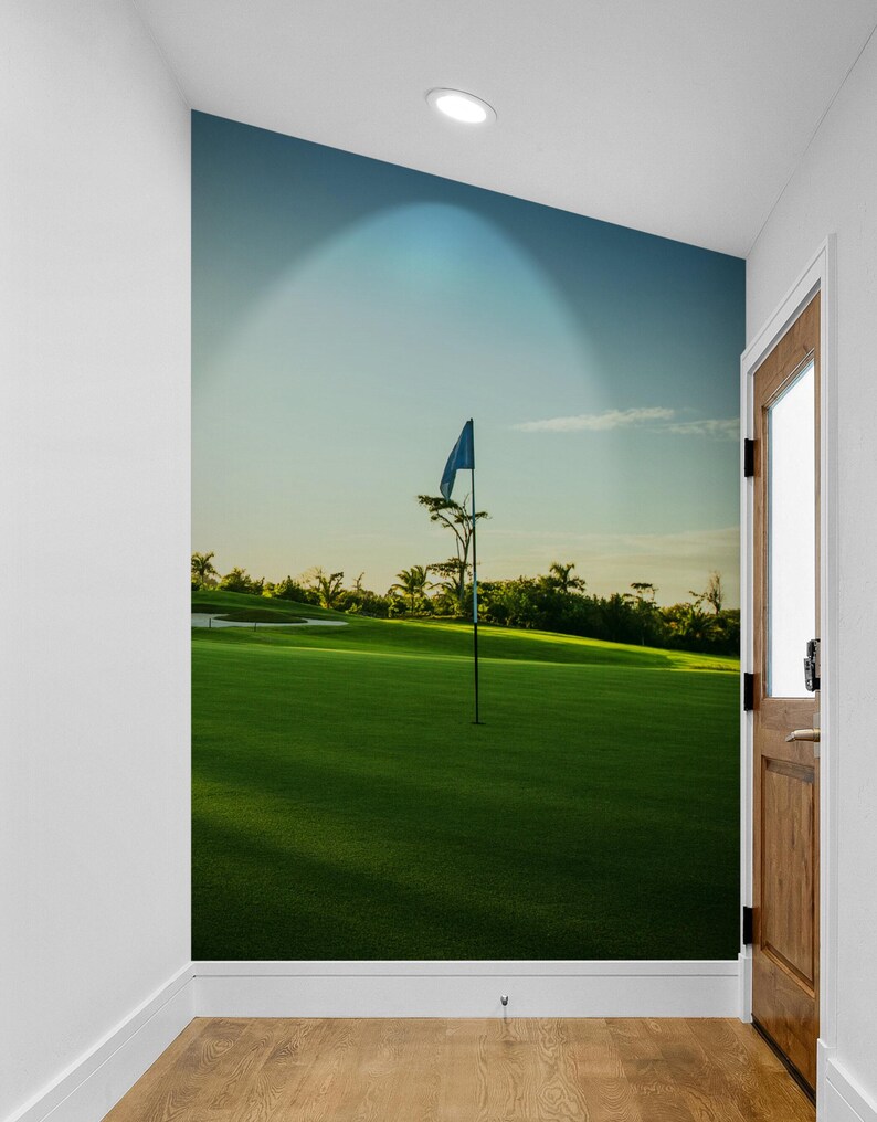 Stunning Golf Course Wallpaper Mural. Sunset Over Green With Palm Trees ...