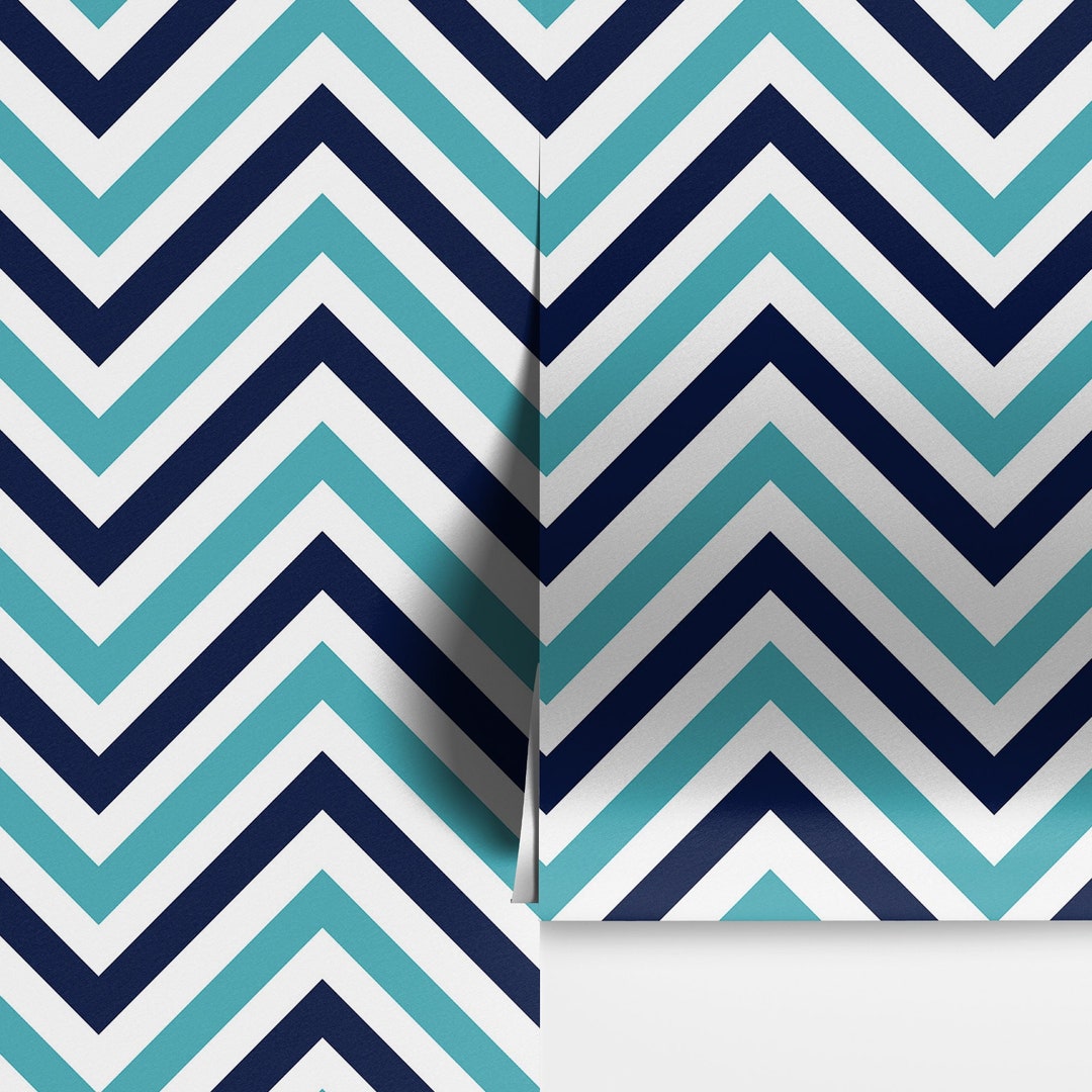 Navy Blue and Teal Chevron Pattern Wallpaper. Seaside Bathroom Chic ...