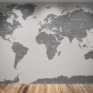 World Map Wall Mural. Grey Map Wall Covering. Travel Theme Peel and ...