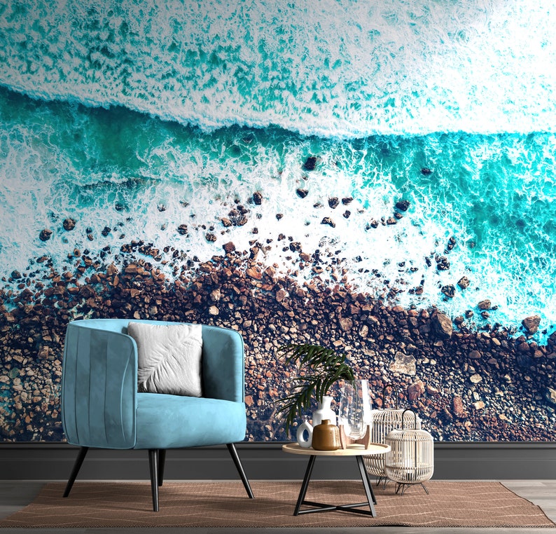 Tropical Beach Wallpaper. Coastal Rocky Beach Wall Mural. Bright Aqua ...