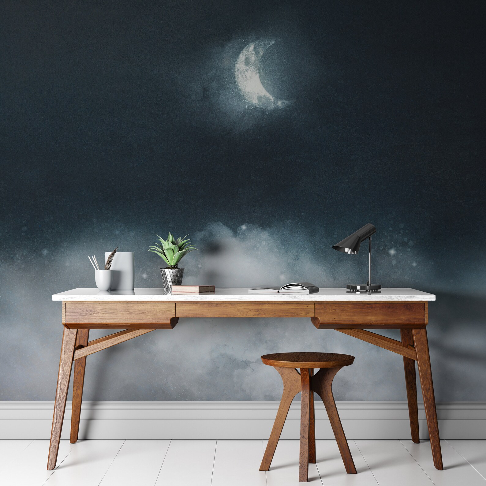 Crescent Moon Wallpaper Misty Clouds Moon Wall Mural. Abstract - Etsy