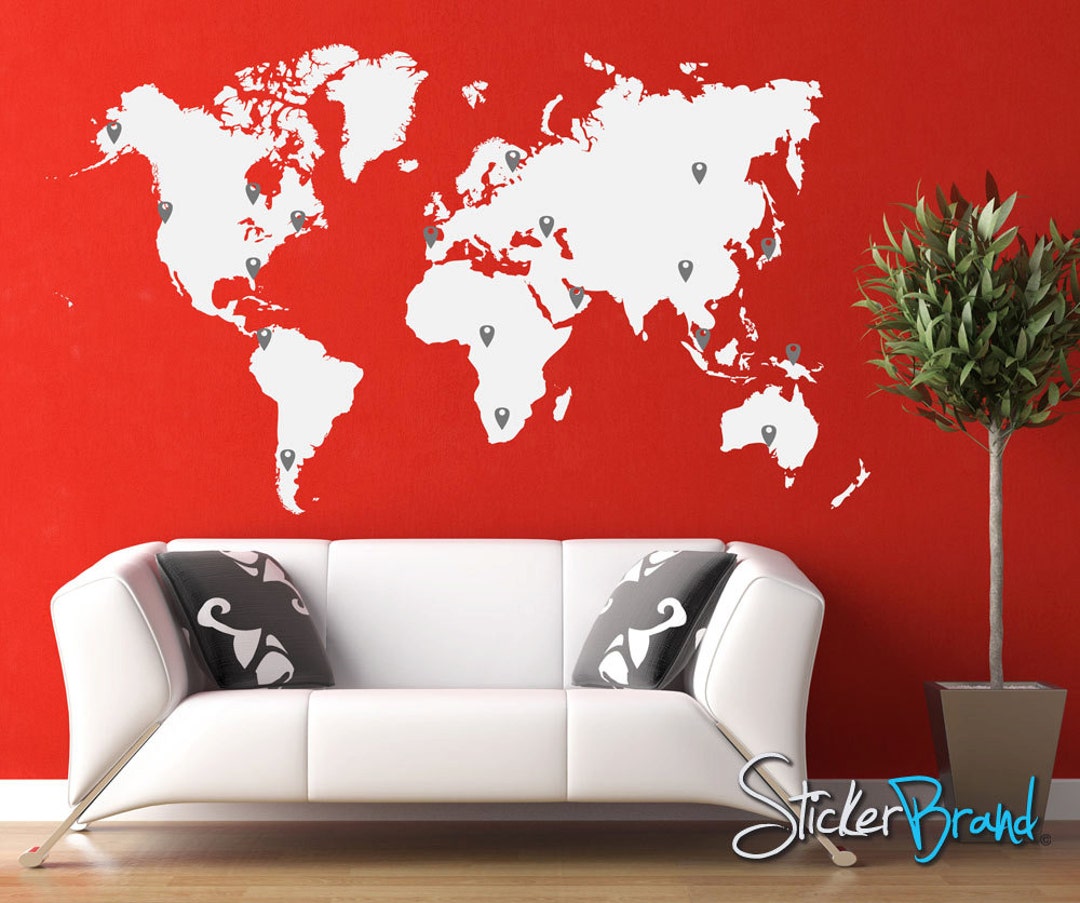World Map With Pin Drops Wall Decal Sticker. Office Decor / Geography ...