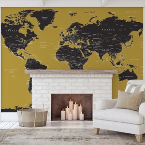 Large (gold) World Map Wall Mural. Wall Covering. Simple Peel and Stick ...