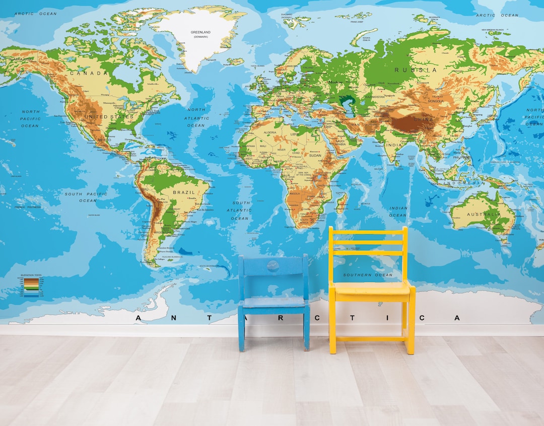 World Map Wall Mural. Study Room Wall Covering. Office Wall Art Decor ...