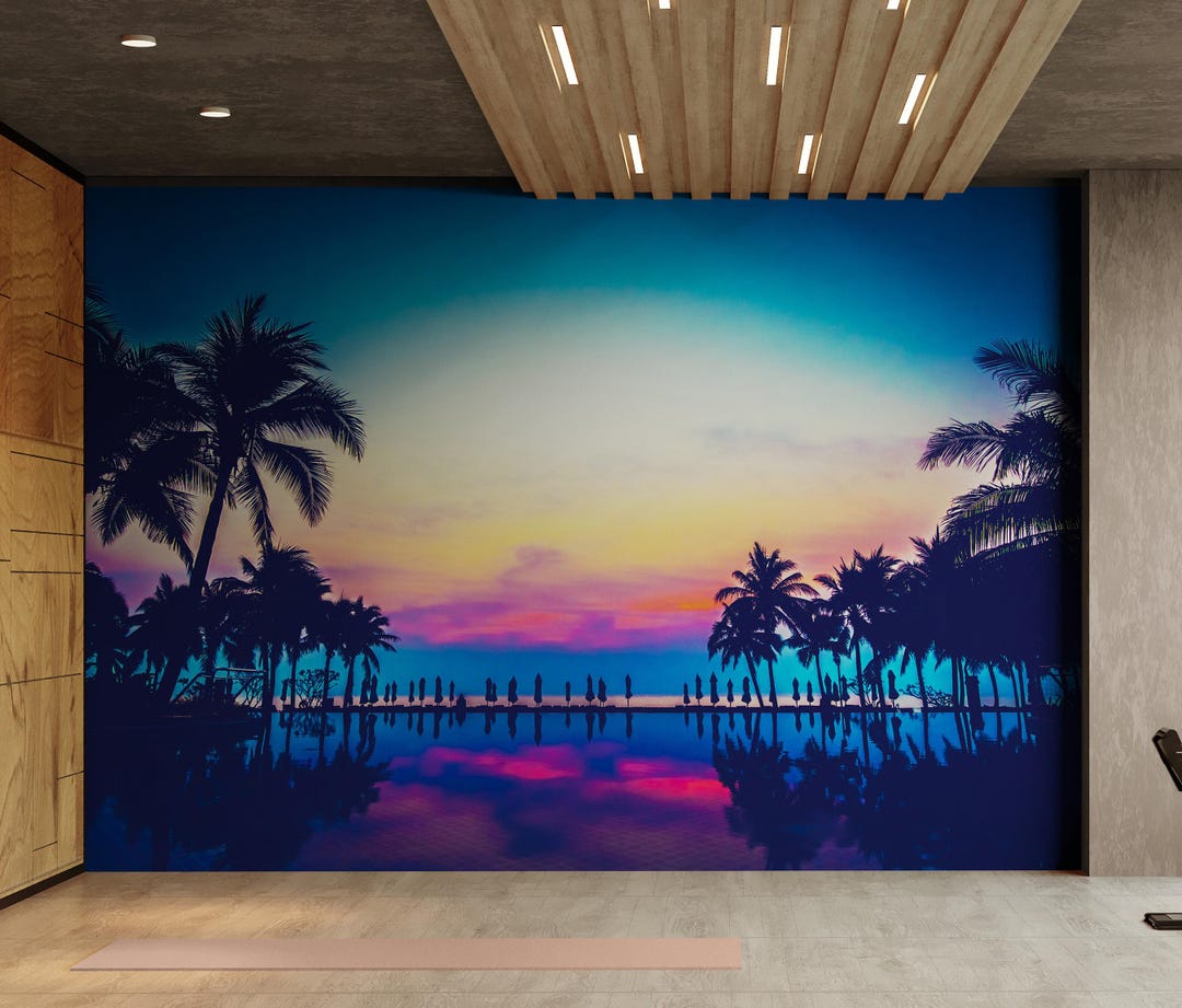 Tropical Night Wallpaper Mural – Miami Sunset Over Resort Pool & Beach ...