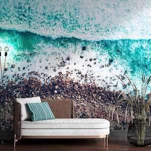 Tropical Beach Wallpaper. Coastal Rocky Beach Wall Mural. Bright Aqua ...