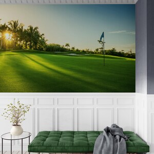 Stunning Golf Course Wallpaper Mural. Sunset Over Green With Palm Trees ...