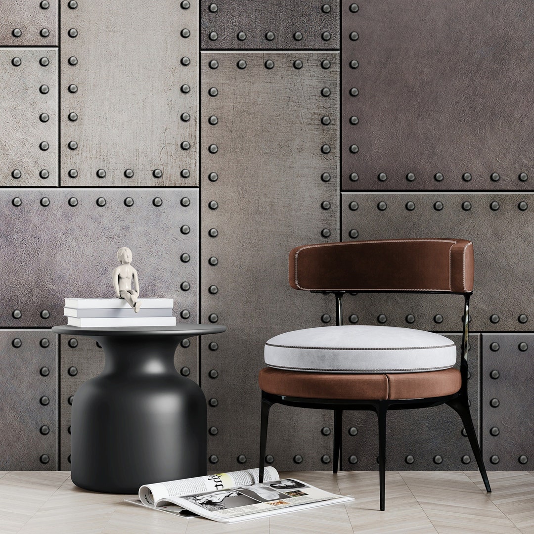 Modern Urban Wallpaper Decor. Rustic Metal Steel 3D Wall Mural ...