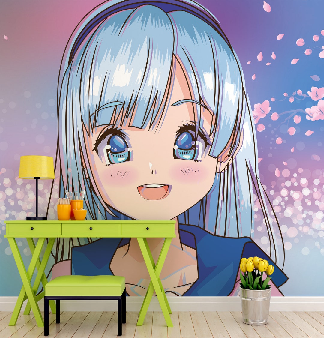 Anime Wall Mural, Cute Girl With Blue Hair Animation Style Peel and ...