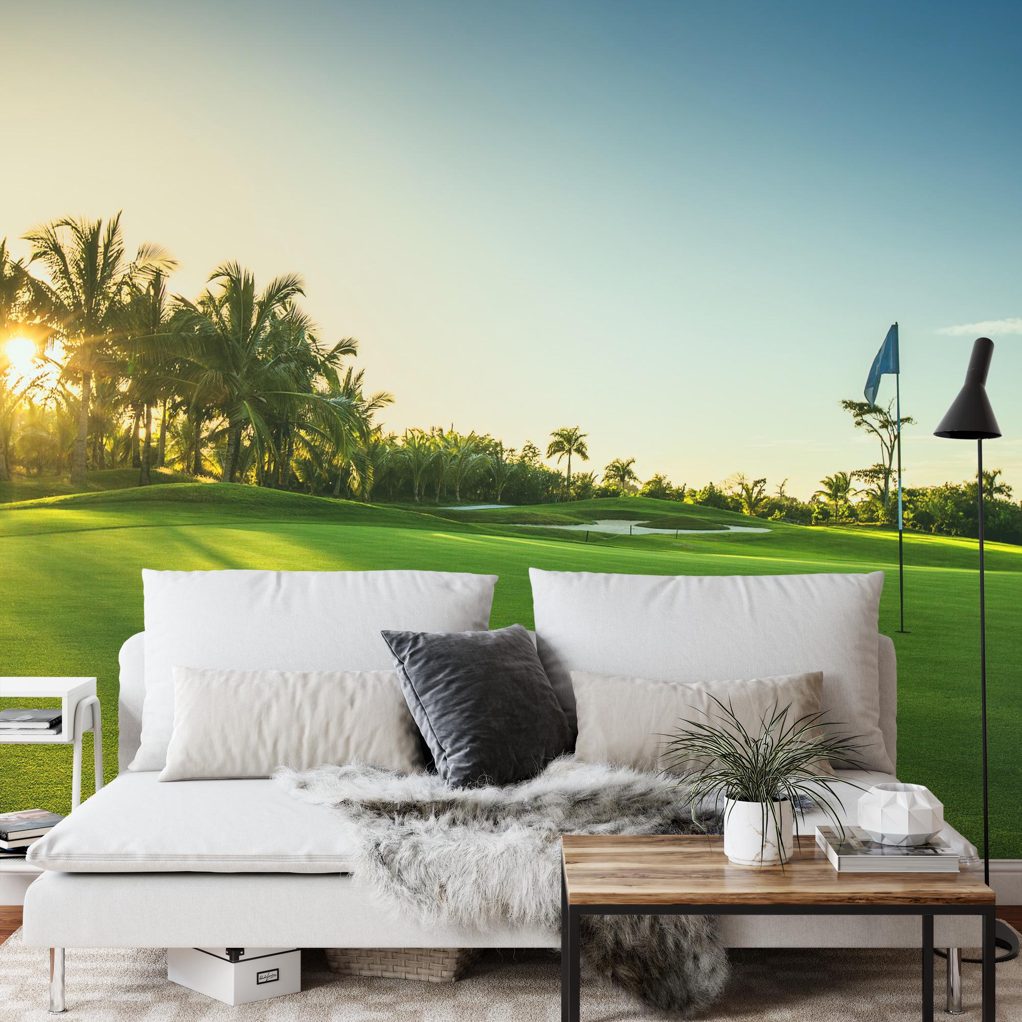 Stunning Golf Course Wallpaper Mural. Sunset Over Green With Palm Trees ...
