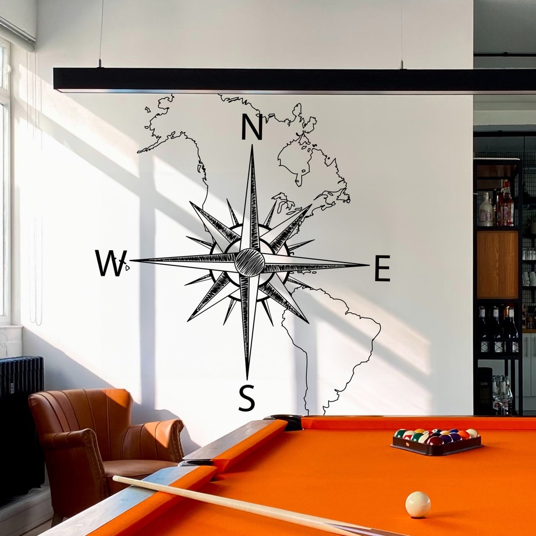 Map Wall Decal. Nautical Map of North & South America W/ Compass Vinyl Wall Decal. World Map ...