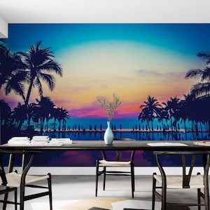 Tropical Night Wallpaper Mural – Miami Sunset Over Resort Pool & Beach ...