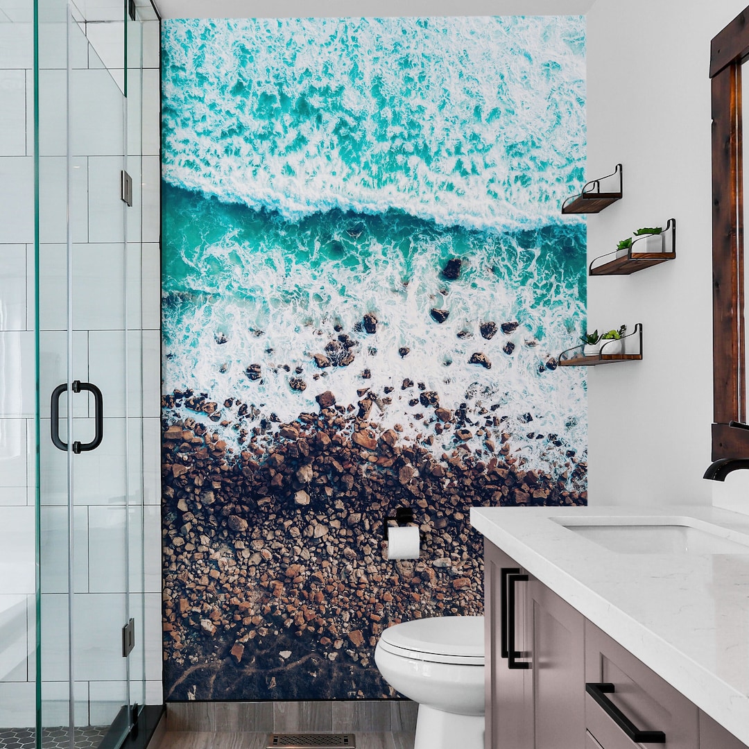 Ocean Waves Over Cliff Wallpaper. Rocky Beach Wall Mural. Bright Aqua ...