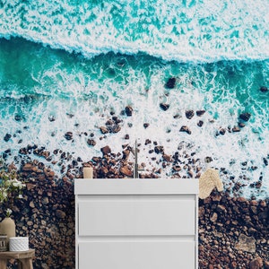 Tropical Beach Wallpaper. Coastal Rocky Beach Wall Mural. Bright Aqua ...