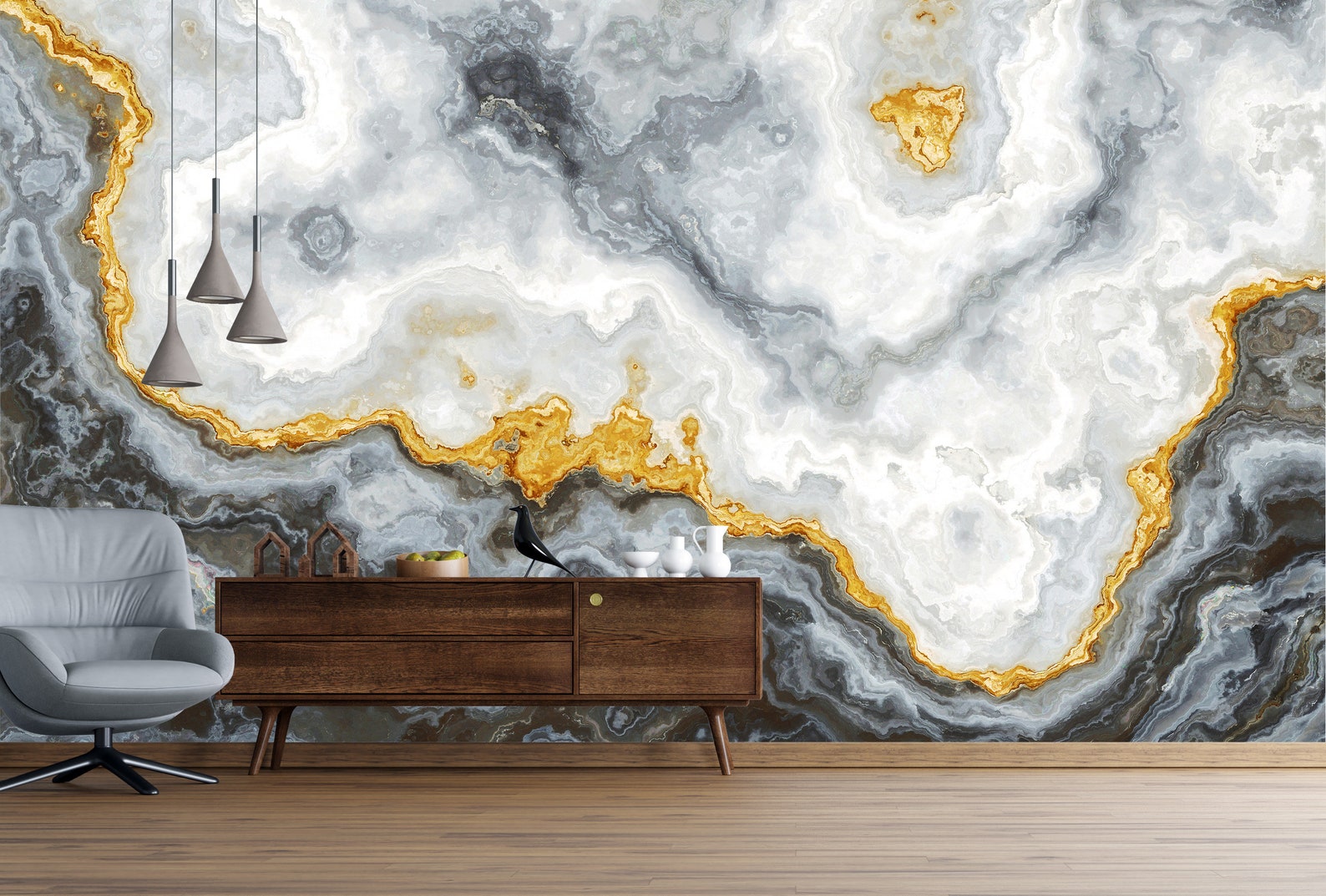 Gray & Gold Abstract Marble Stone Pattern Wall Mural. Elegant Textured ...