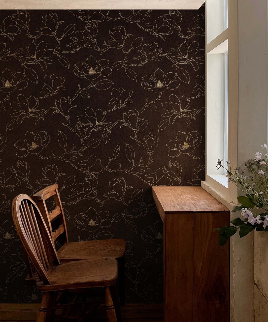 Dark Brown Wallpaper Chinoiserie Flower Pattern. Peel and Stick Wall ...