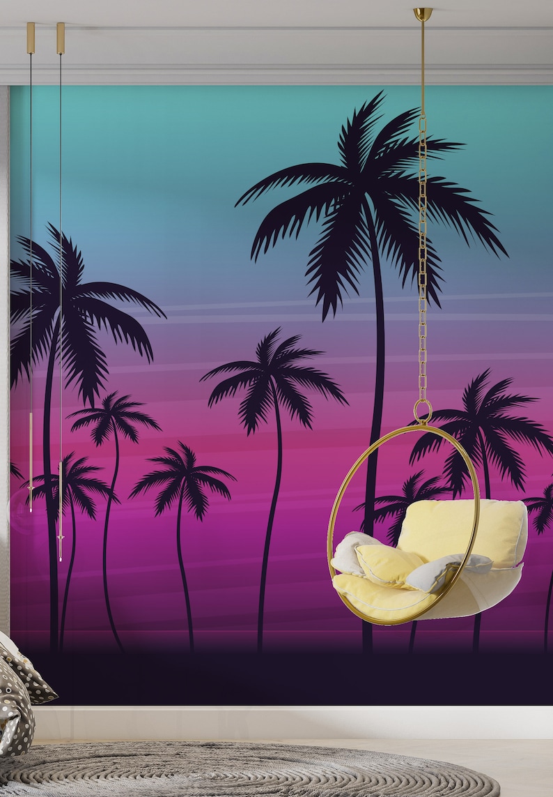 Miami Tropical Palm Tree Illustration Vice Color Sunset Wall Mural ...