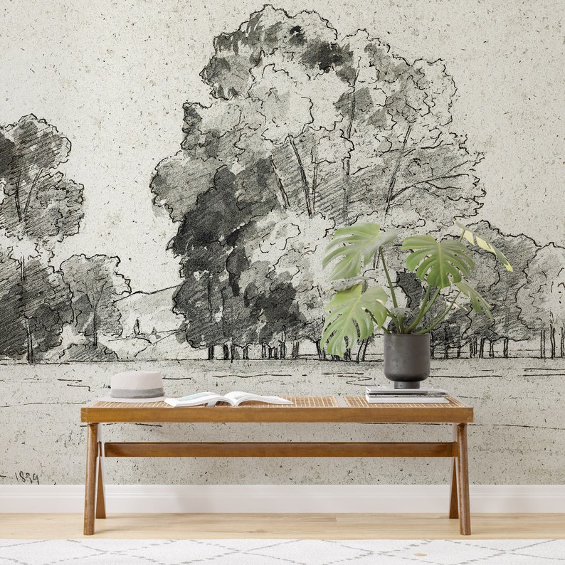 Vintage Forest Wallpaper, Large Tree Forest Wallpaper, Removable Peel ...