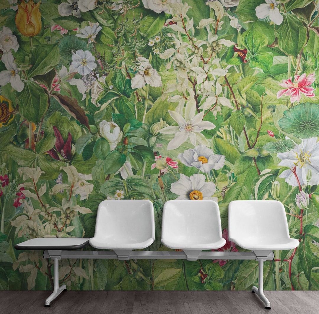 Botanical Vegetation Garden Wall Mural. Color Pencil Artwork Peel and ...