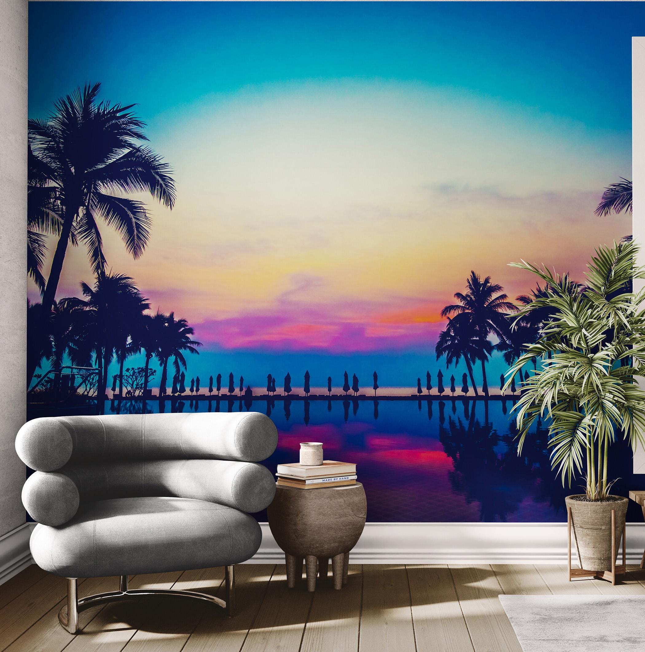 Tropical Night Wallpaper Mural – Miami Sunset Over Resort Pool & Beach ...