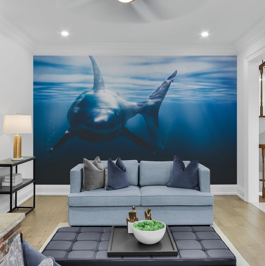 Great White Shark Wallpaper. Shark Wall Mural. Ocean Decor, Beach Theme ...