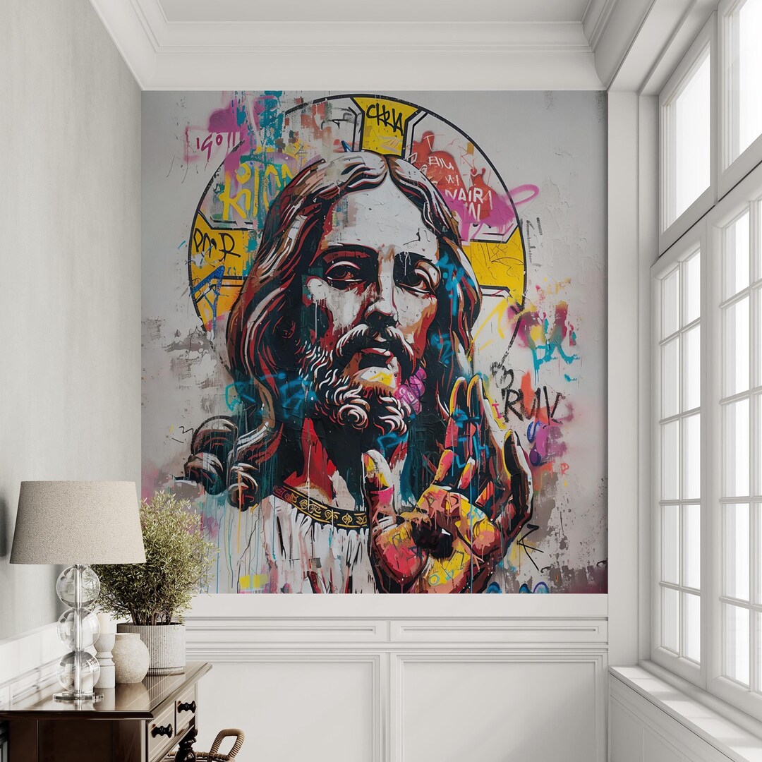 Jesus Christ Wallpaper Peel and Stick Mural. Urban Religious Wall Decor ...