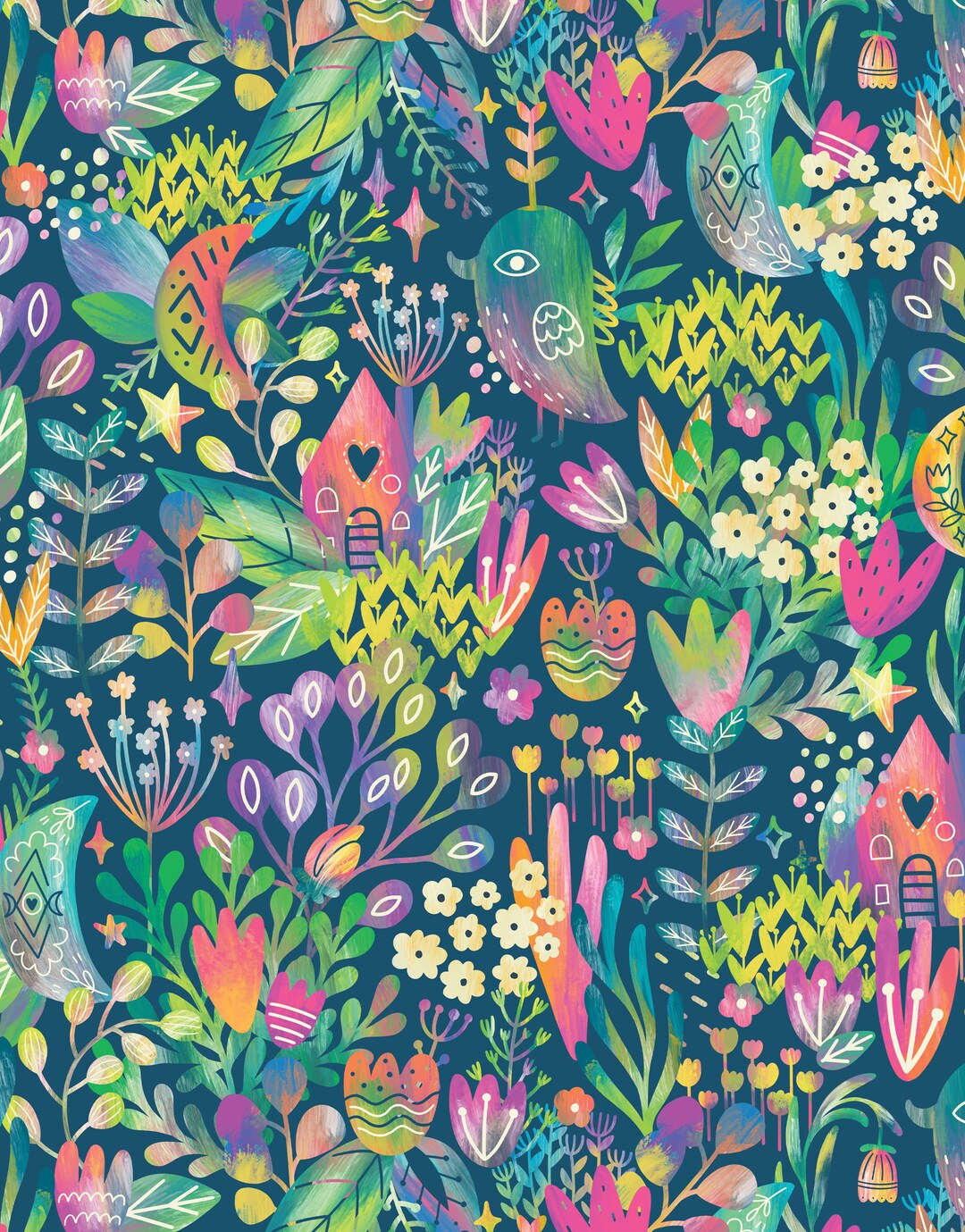 Colorful Flower Garden Bird House Illustration Wall Mural. Lime Green ...