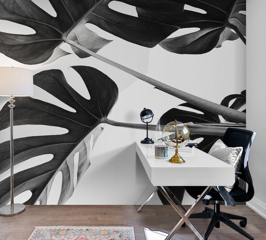 Elegant Black and White Leaves Wallpaper. Peel and Stick Wall Mural ...