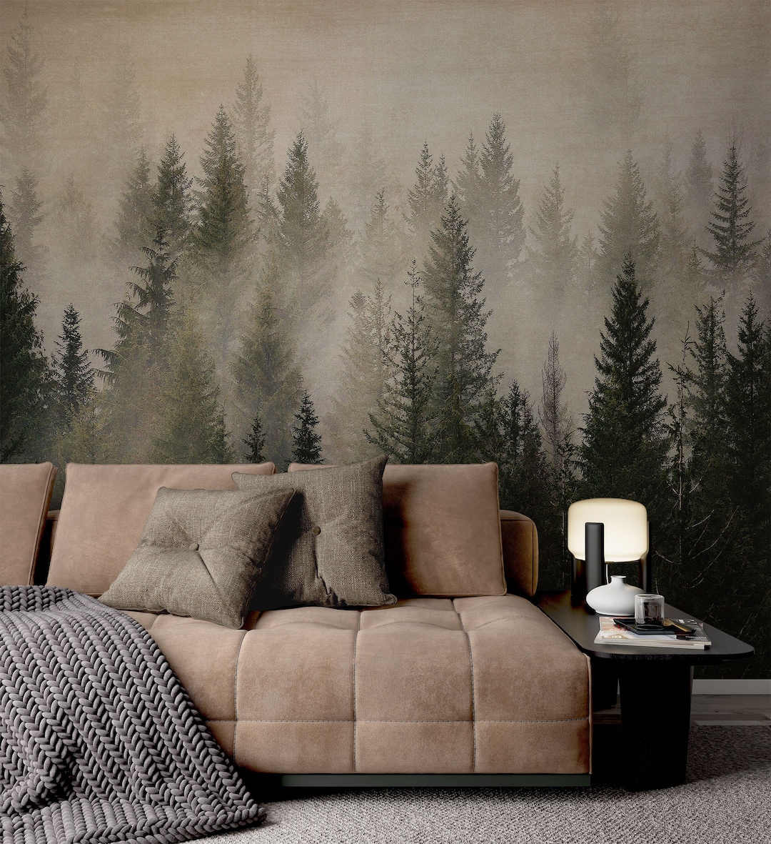 Misty Pine Tree Forest Landscape Wallpaper. Peel and Stick Wall Mural ...
