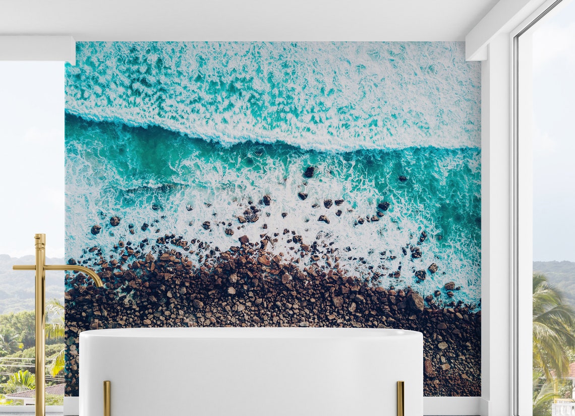 Tropical Beach Wallpaper. Coastal Rocky Beach Wall Mural. Bright Aqua ...
