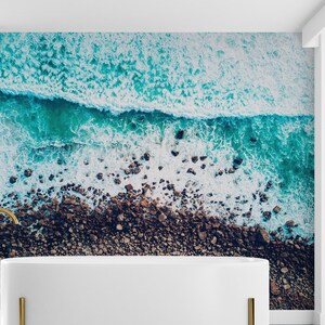 Tropical Beach Wallpaper. Coastal Rocky Beach Wall Mural. Bright Aqua ...