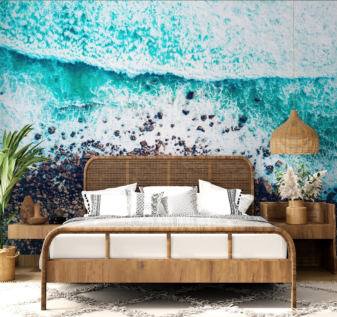 Tropical Beach Wallpaper. Coastal Rocky Beach Wall Mural. Bright Aqua ...