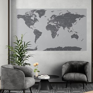 World Map Wall Mural. Grey Map Wall Covering. Travel Theme Peel and ...