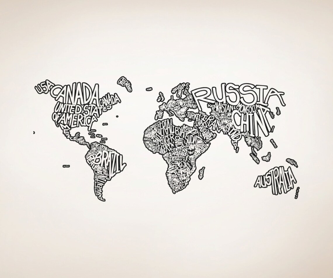 World Map Vinyl Wall Decal Sticker. Country Names Design. - Etsy