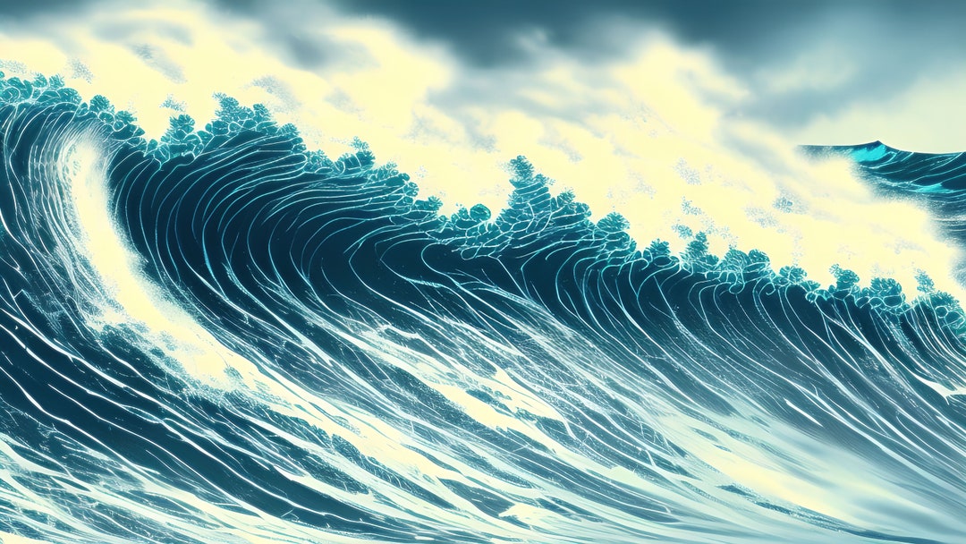Great Wave Abstract Painting Wallpaper. Blue Sea Wave. Peel and Stick ...