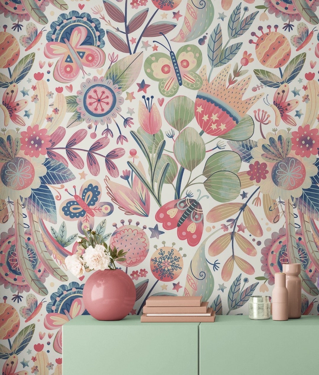 Flower Garden Illustration Wall Mural. Pastel Color Pattern Nursery ...