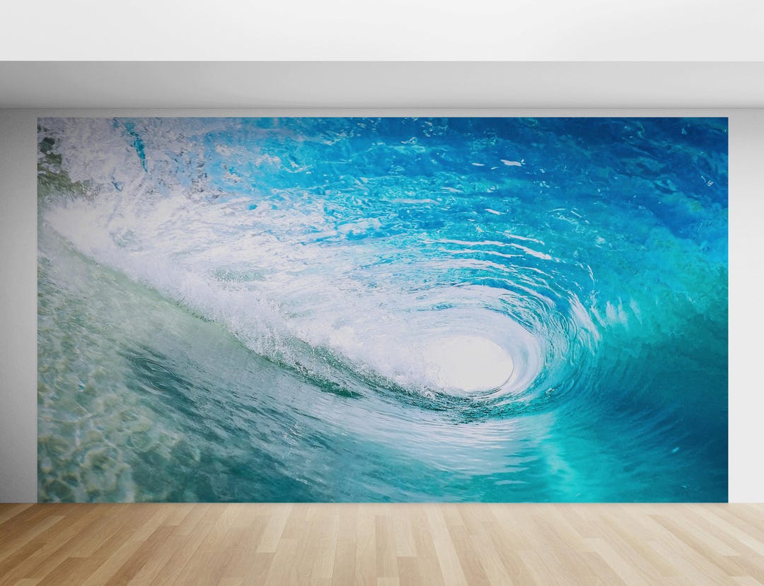 Surf Barrel Roll Wave Wallpaper Peel and Stick Mural. Blue Ocean Waves ...
