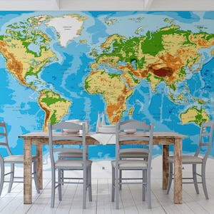 World Map Wall Mural. Study Room Wall Covering. Office Wall Art Decor ...