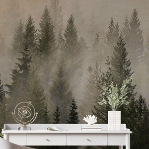 Misty Pine Tree Forest Landscape Wallpaper. Peel and Stick Wall Mural Wallpaper. Self Adhesive ...