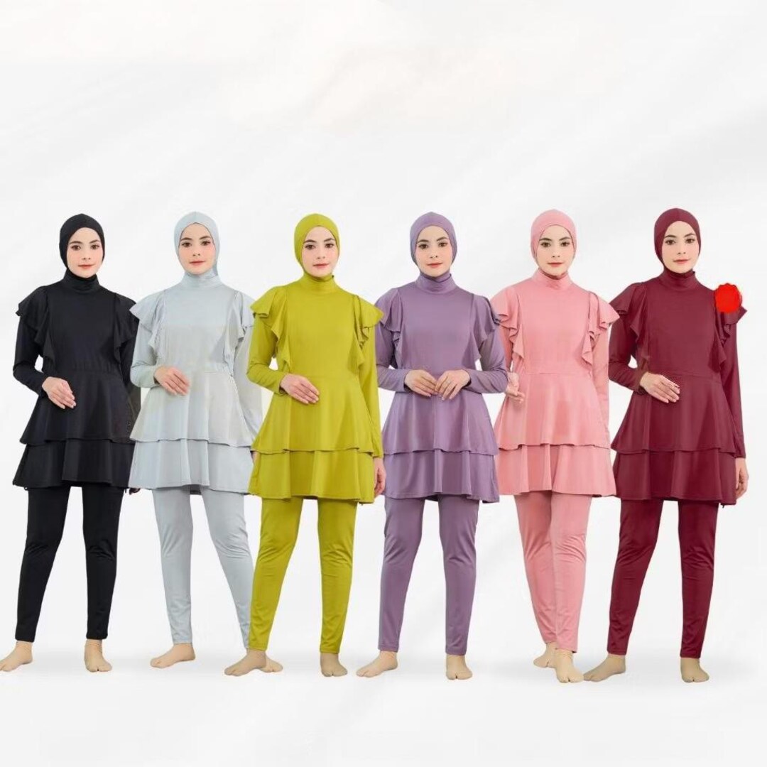 Ruffle Burkini: 3-piece Modest Islamic Swimsuit With Hijab - Etsy