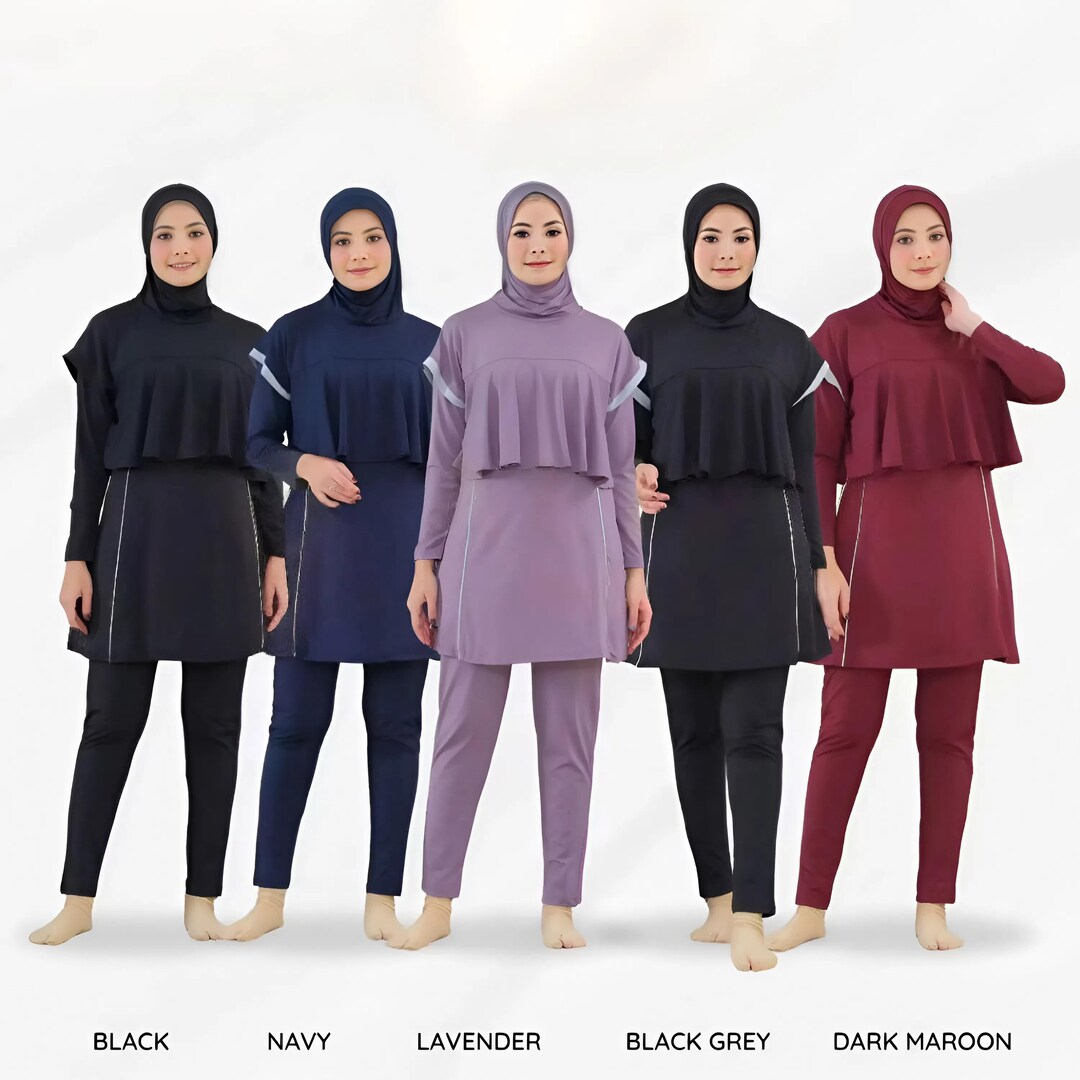 Modest Burkini Swimsuit With Sewn-in Hijab: Poly Spandex Full Coverage ...