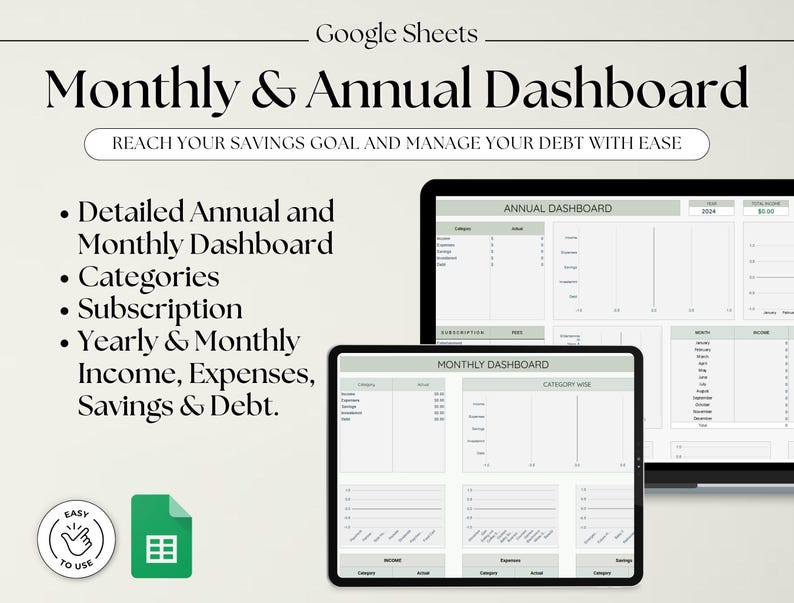 Annual Budget Planner Google Sheets Template | Monthly & Yearly Finance ...