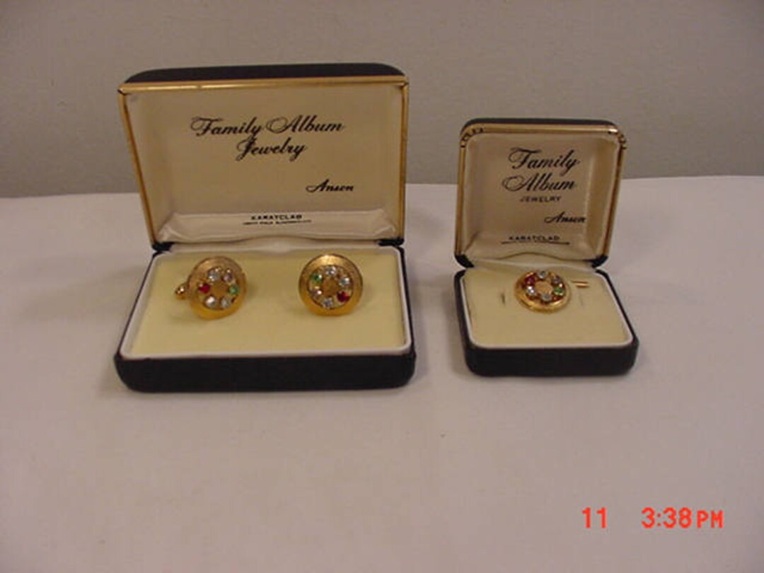 Vintage Anson Family Album Jewelry Cuff Links & Tie Clasp Rhinestone ...